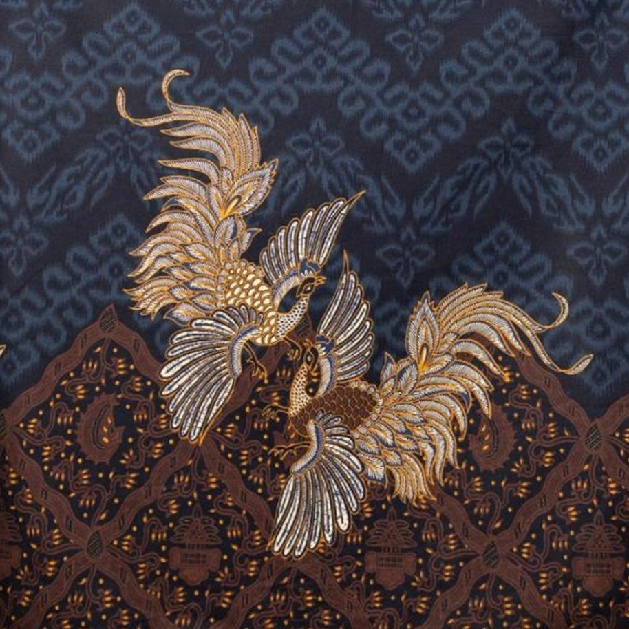 Hand Printed Silk Screen Floral & Hong Bird Cotton Batik - Navy / Brow ...